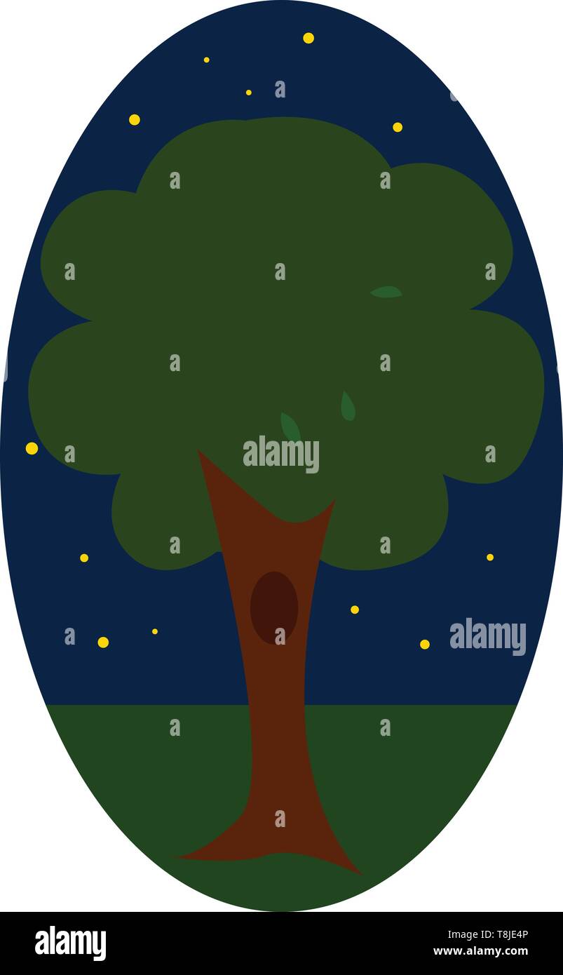 Tree with starlit sky in the background and a hole in the trunk, vector ...