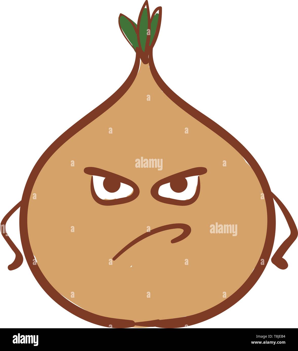 Onion with green leaves, frown on face, vector, color drawing or ...