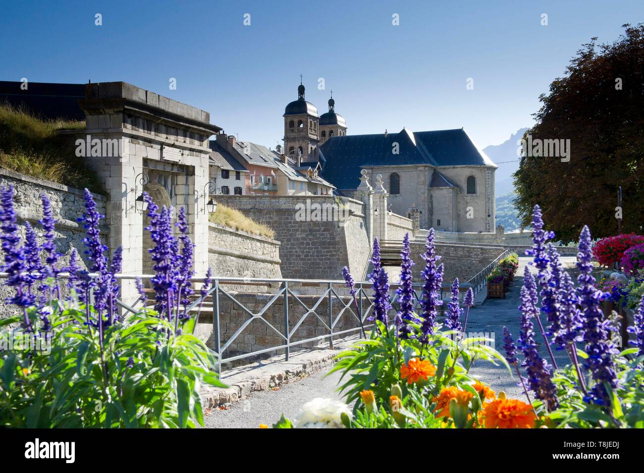 France, Hautes Alpes, Briancon, flowerbed in front of the Pignerol gate ...