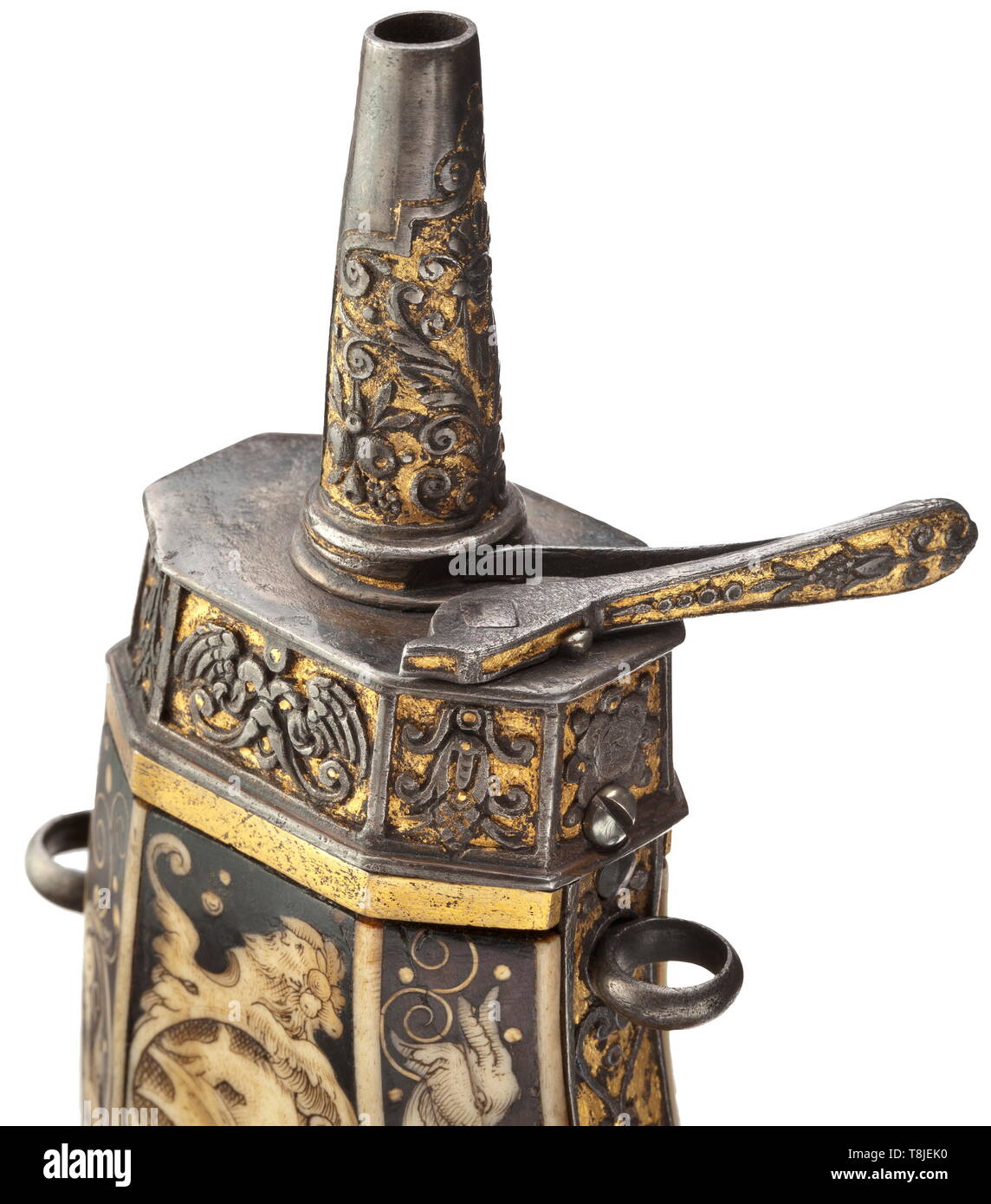 A gilt magnificent powder flask with iron chiselling, Caspar Spät ...