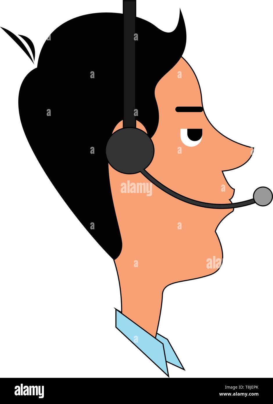 A man with mike and earphone looks like a tele operator wearing blue ...