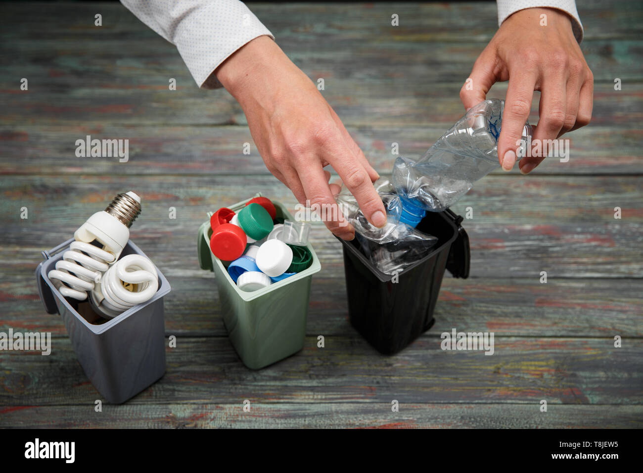 Ecology concept, a lot of recyclable objects in containers Stock Photo ...