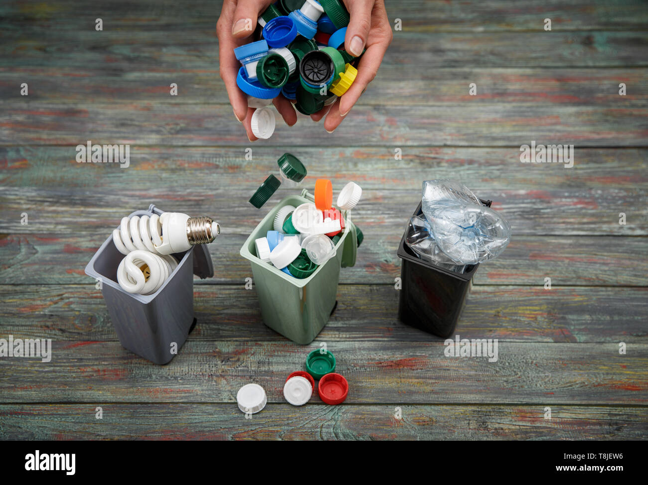 Ecology concept, a lot of recyclable objects in containers Stock Photo ...