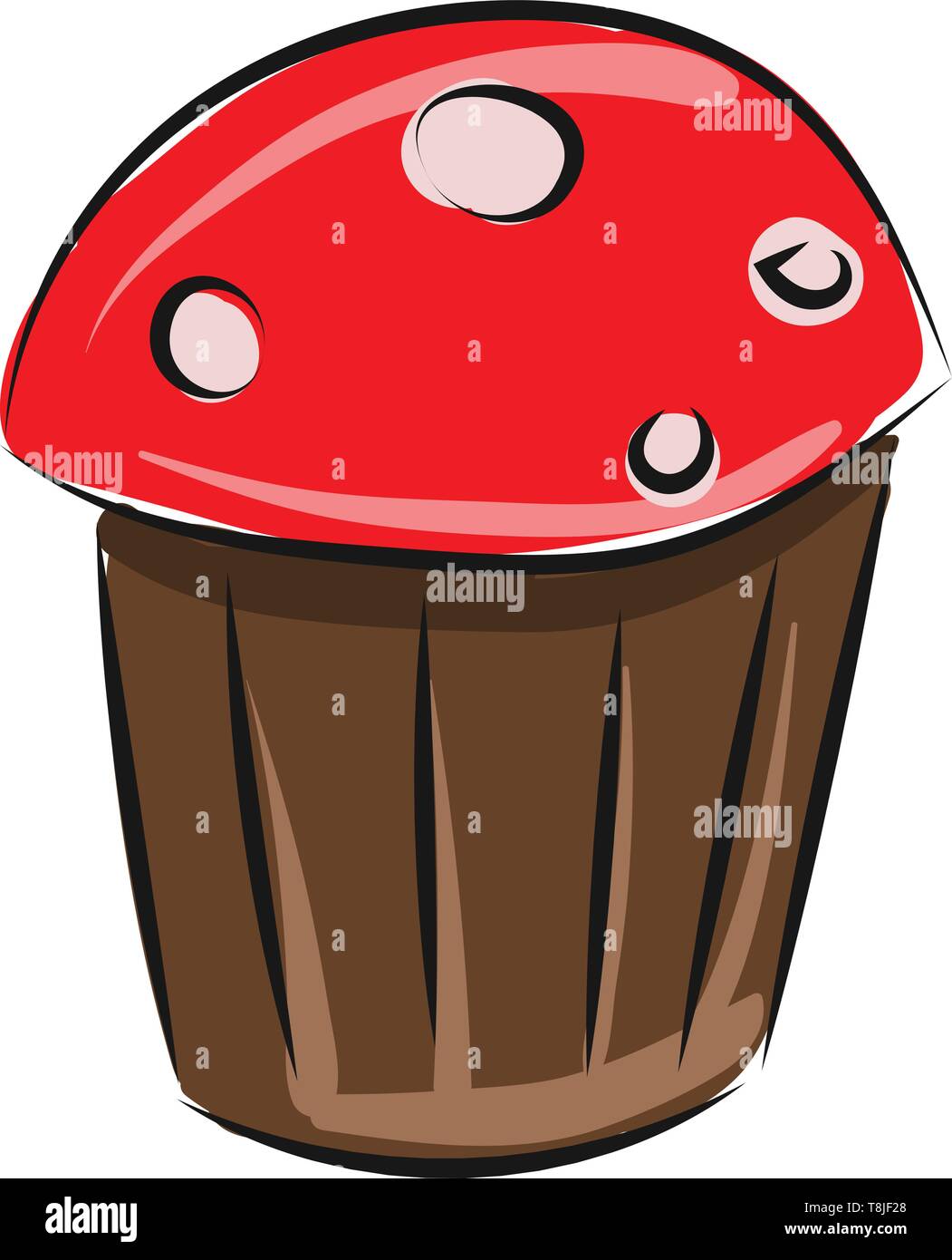 A cupcake in brown wrapper with tasty red cream and pink candies on it ...