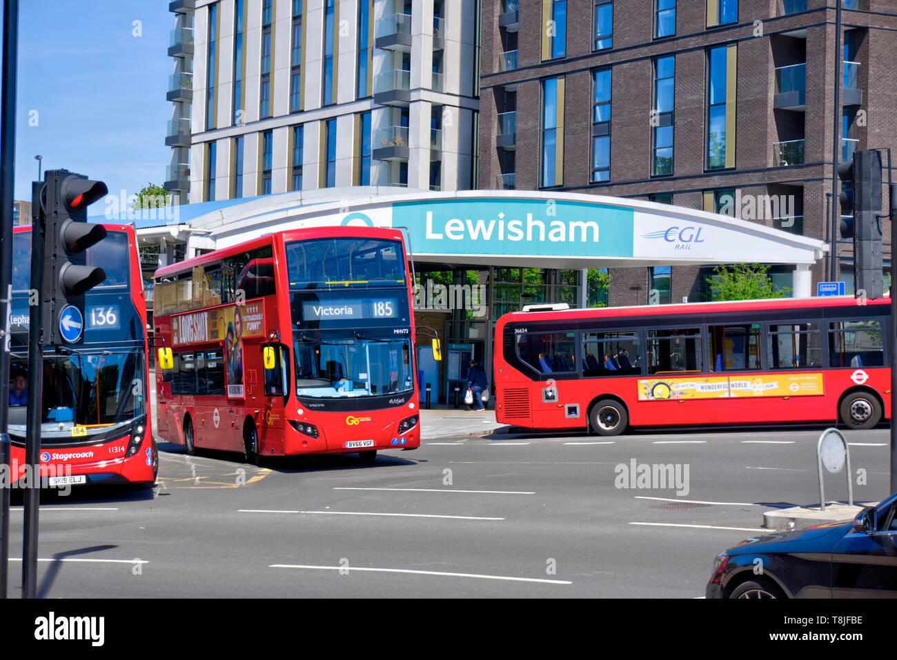 London, United Kingdom - May 13, 2019: Double decker and single decker ...