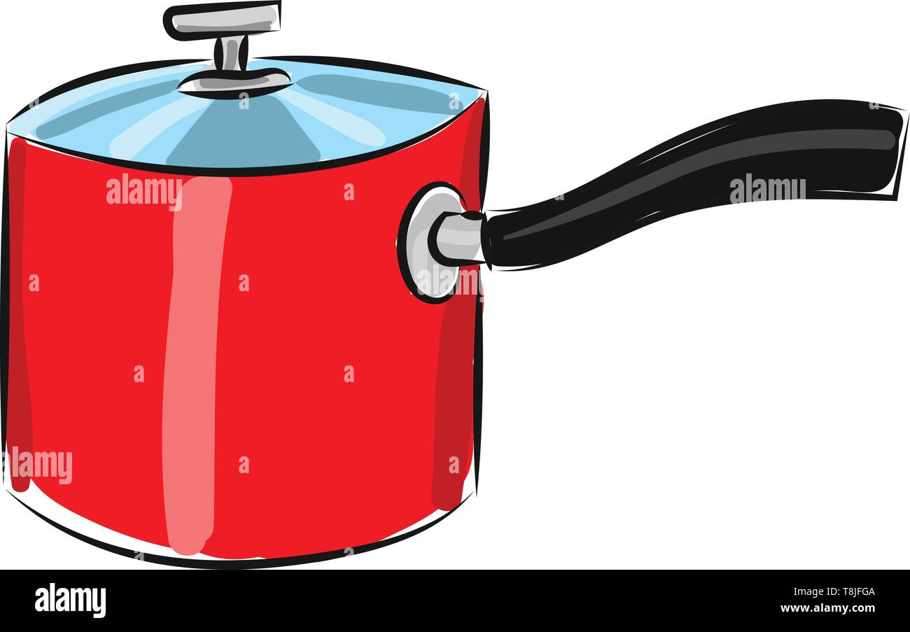 A red color pan with transparent lid and a black handle, vector, color ...