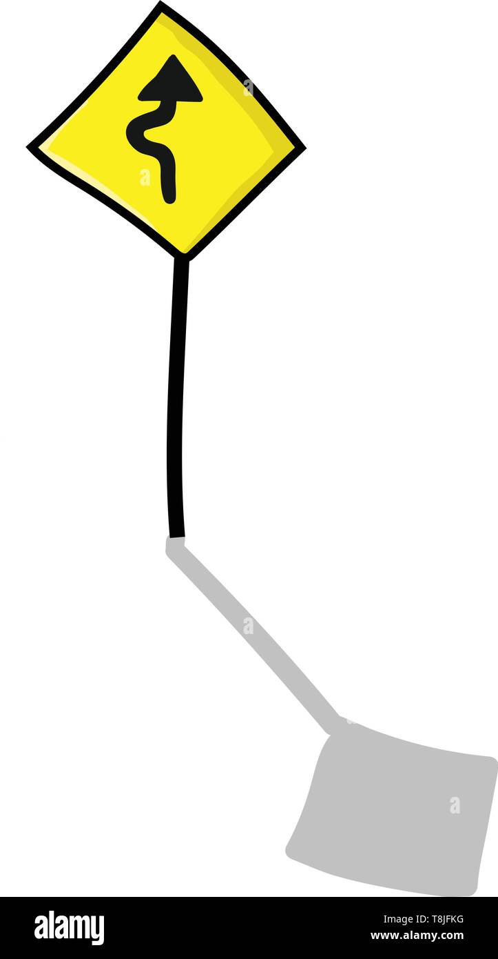 A yellow color road sign with black stand, vector, color drawing or ...