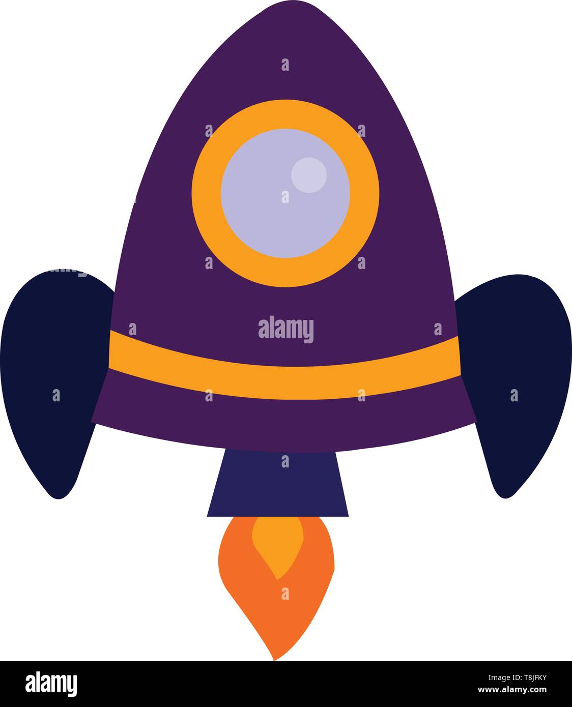 A blue and yellow color rocket with big window and flame ready to fly ...