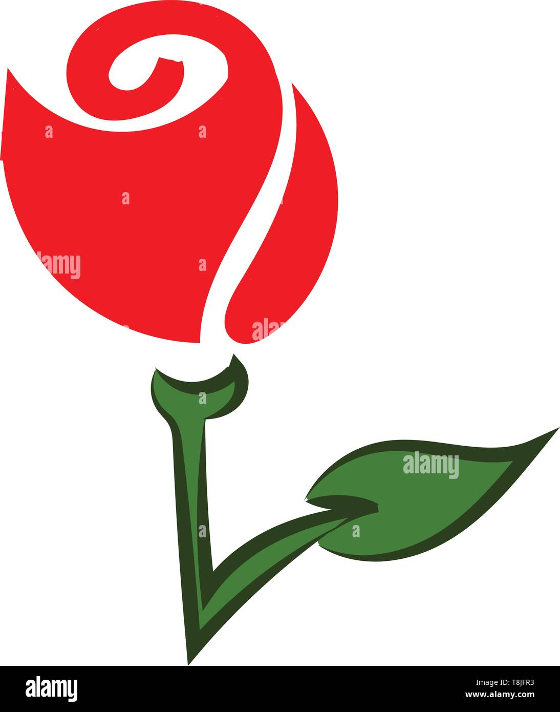 A beautiful red rose with green stem and leaves, vector, color drawing ...