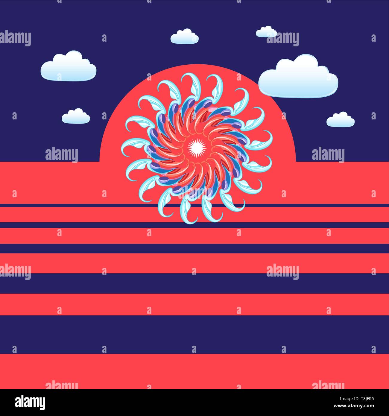 Abstract unusual sunset vector bright background with sun and clouds on ...