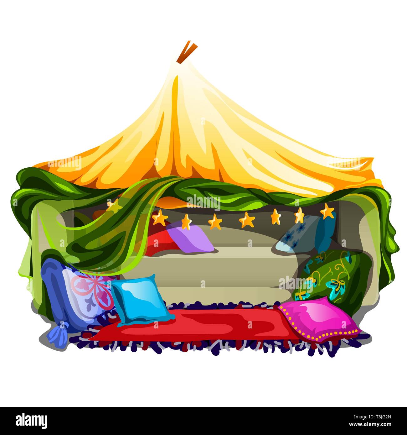 Cozy bed with soft blankets and pillows isolated on white background ...