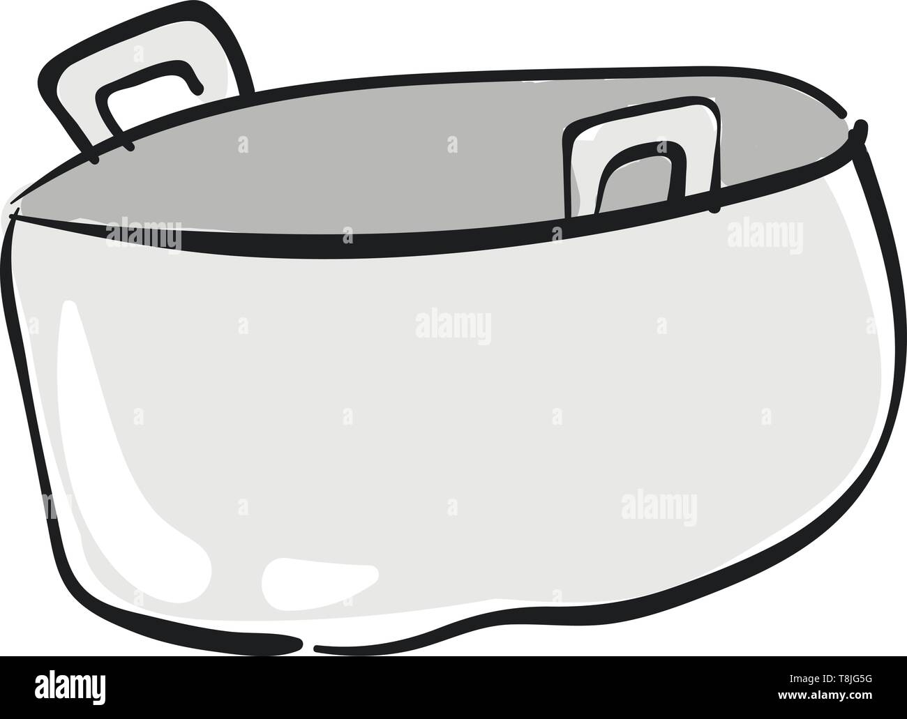 A round white saucepan with two handles, vector, color drawing or ...