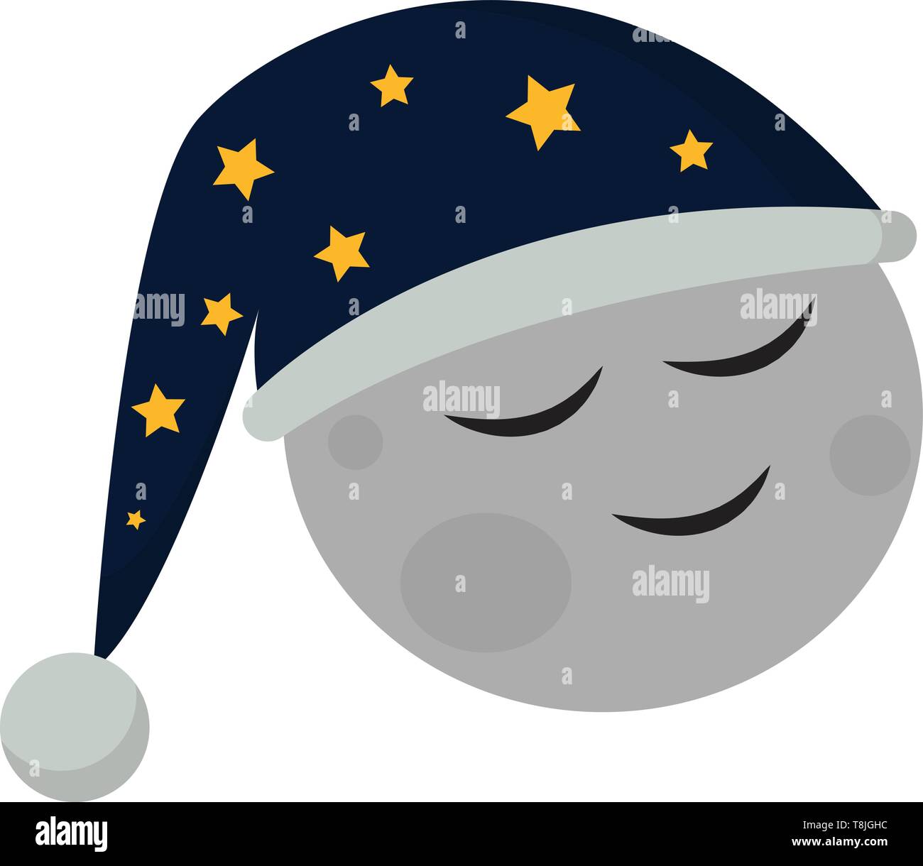 A white moon with two eyes wearing nightcap with stars on it fast ...