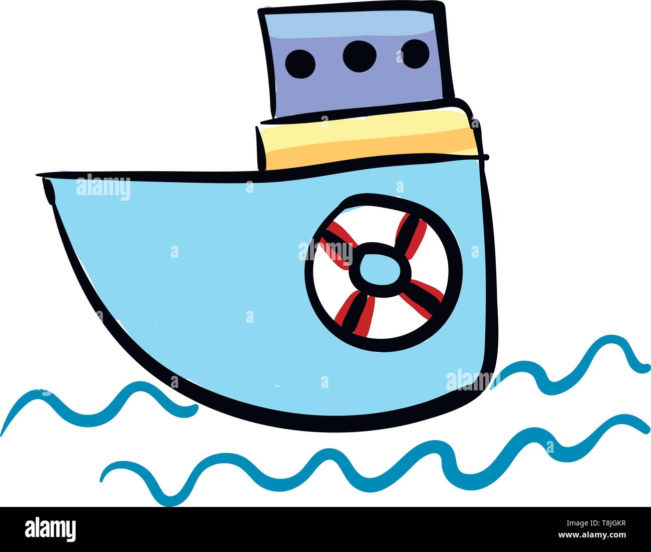 Small blue colored boat sailing in the sea, vector, color drawing or ...