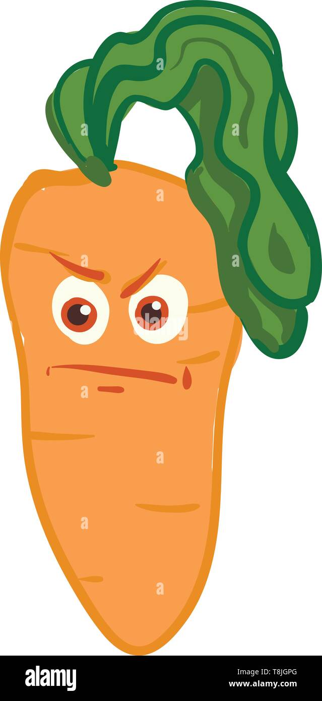 An angry frowning carrot with long redheads but it's color green, looks ...