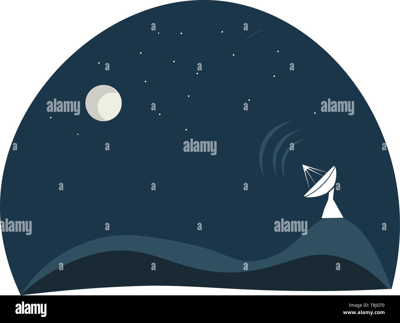 A dish antenna that transmits a signal, vector, color drawing or ...