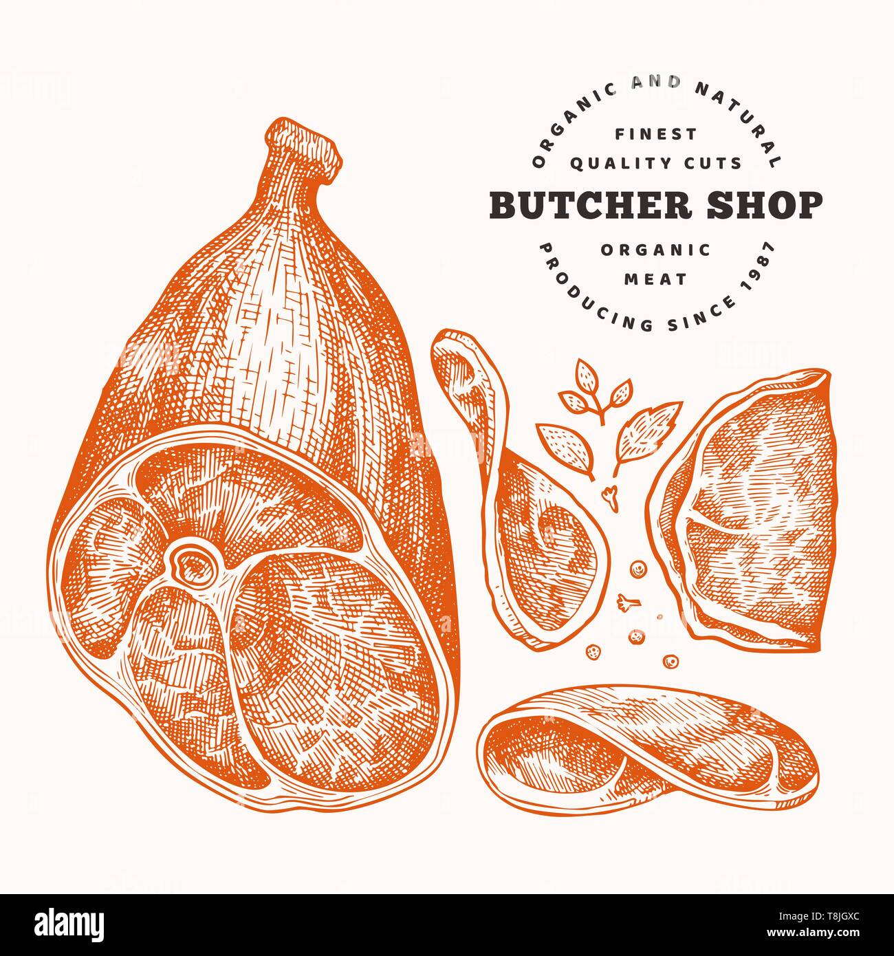 Retro vector meat illustration. Hand drawn ham, ham slices, spices and ...