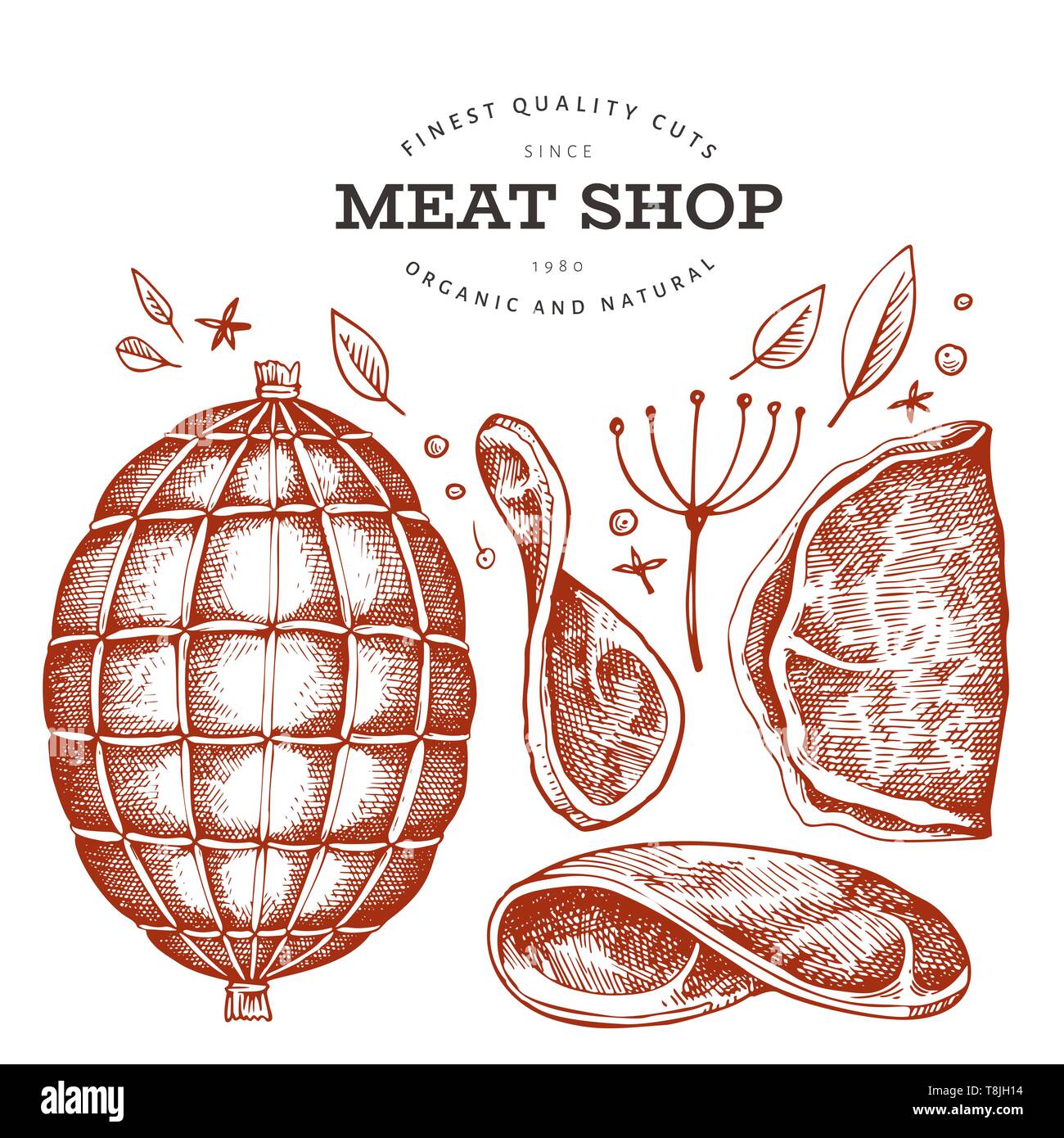 Retro vector meat illustration. Hand drawn ham, ham slices, spices and ...