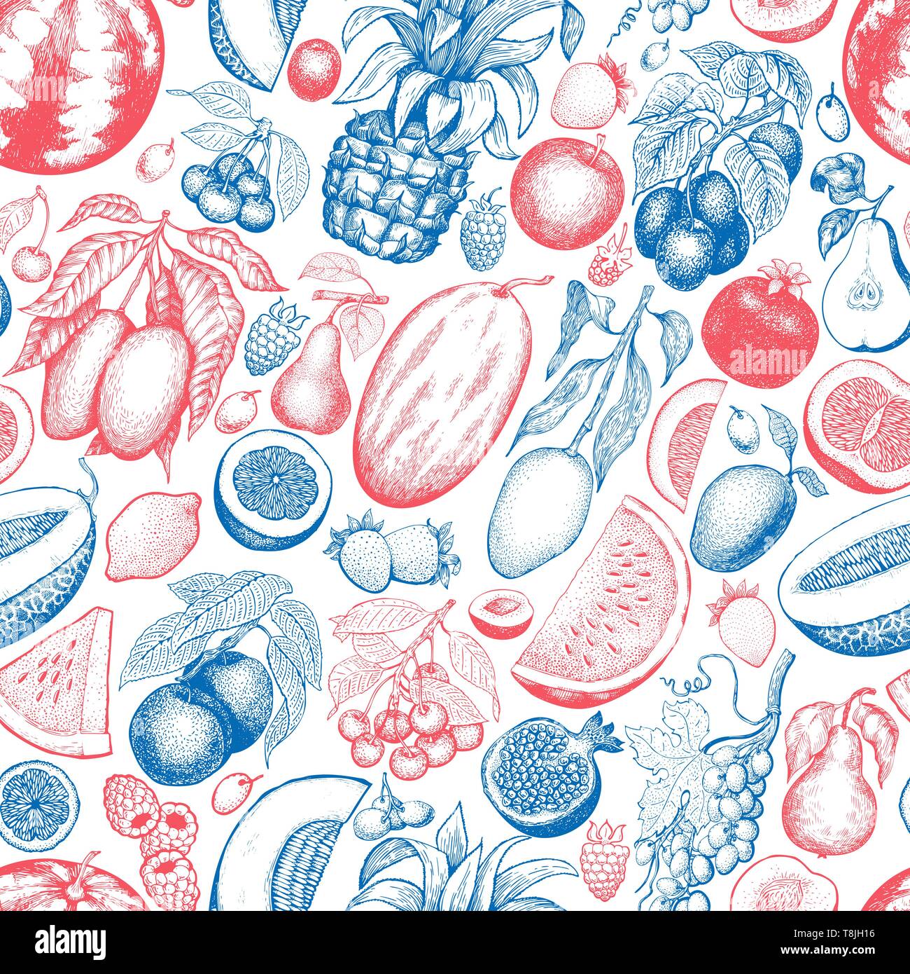 Fruits and berries seamless pattern. Hand drawn vector tropic fruits ...