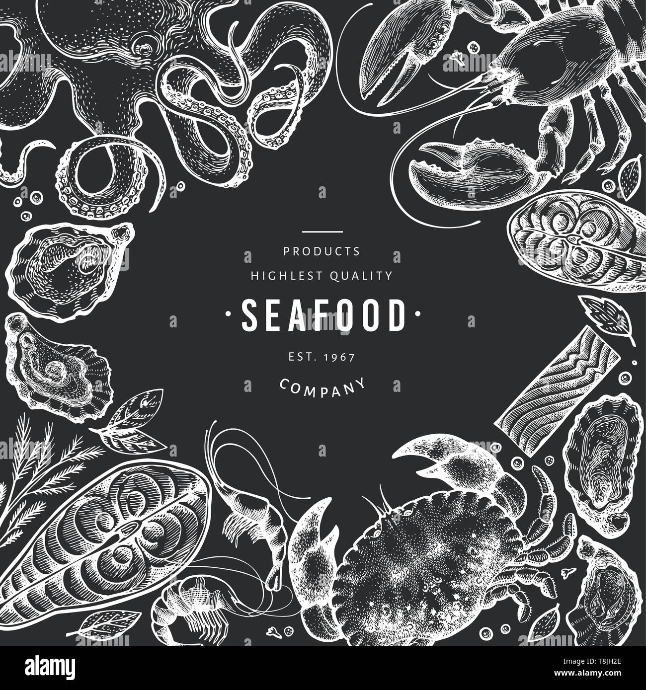 Seafood and fish design template. Hand drawn vector illustration on ...