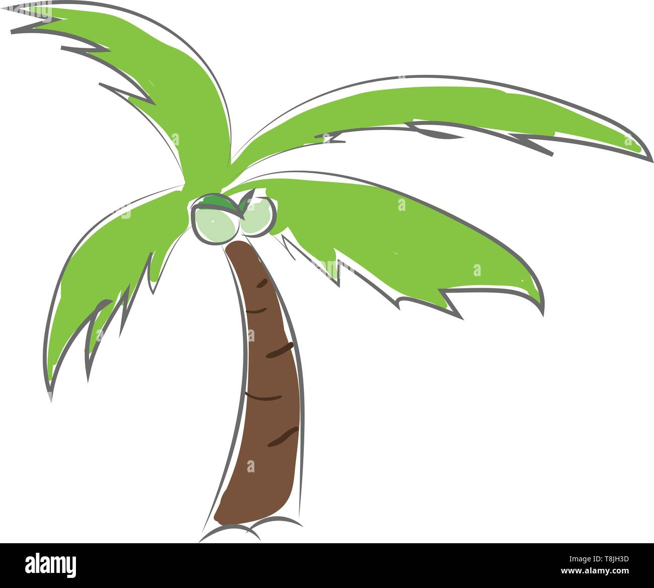 A big palm tree with brow trunk, with green leaves and fruits, vector ...