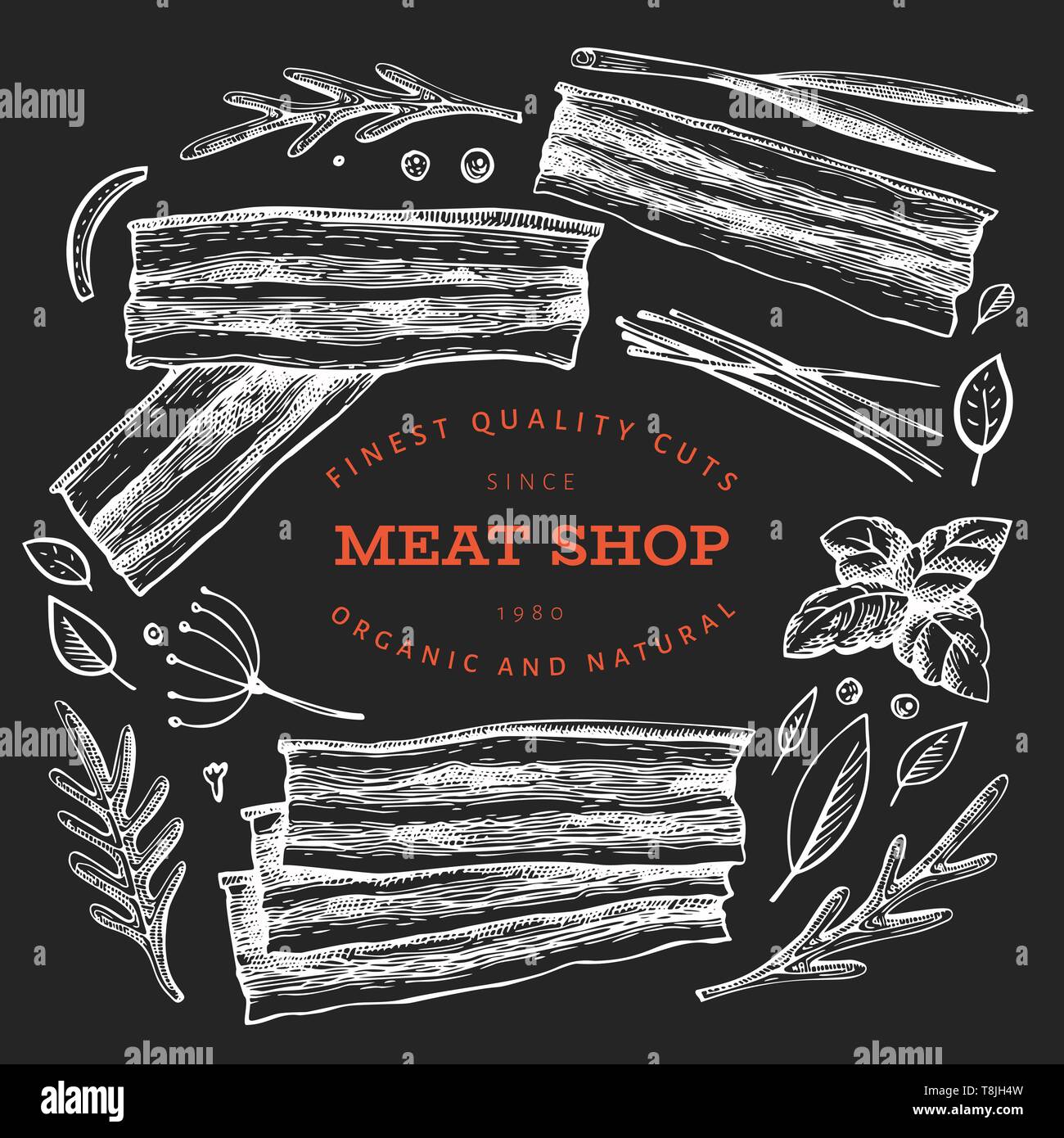Retro vector meat illustration on chalk board. Hand drawn bacon, spices ...