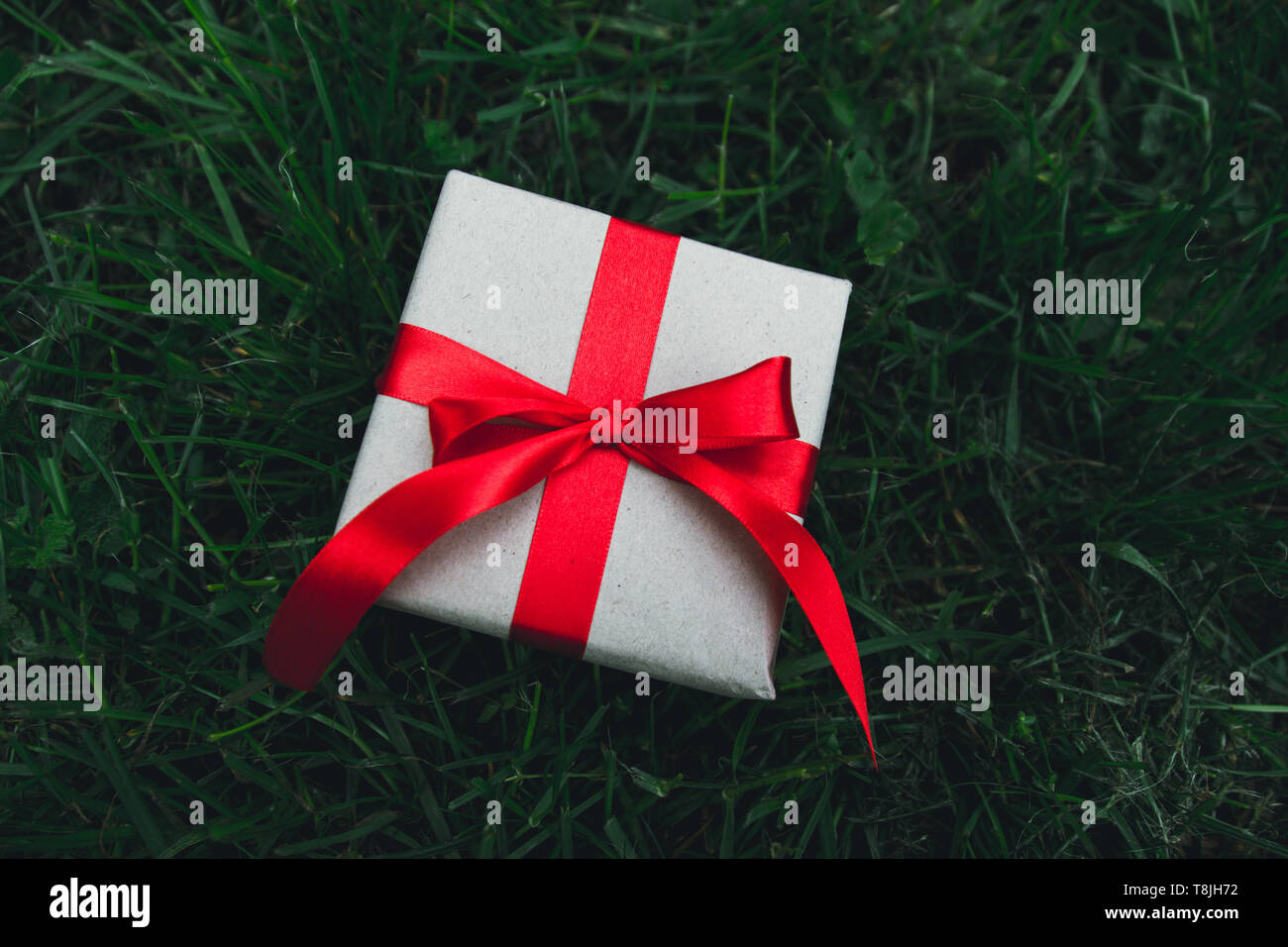 Kraft box with a surprise on the green grass. Birthday party Stock ...