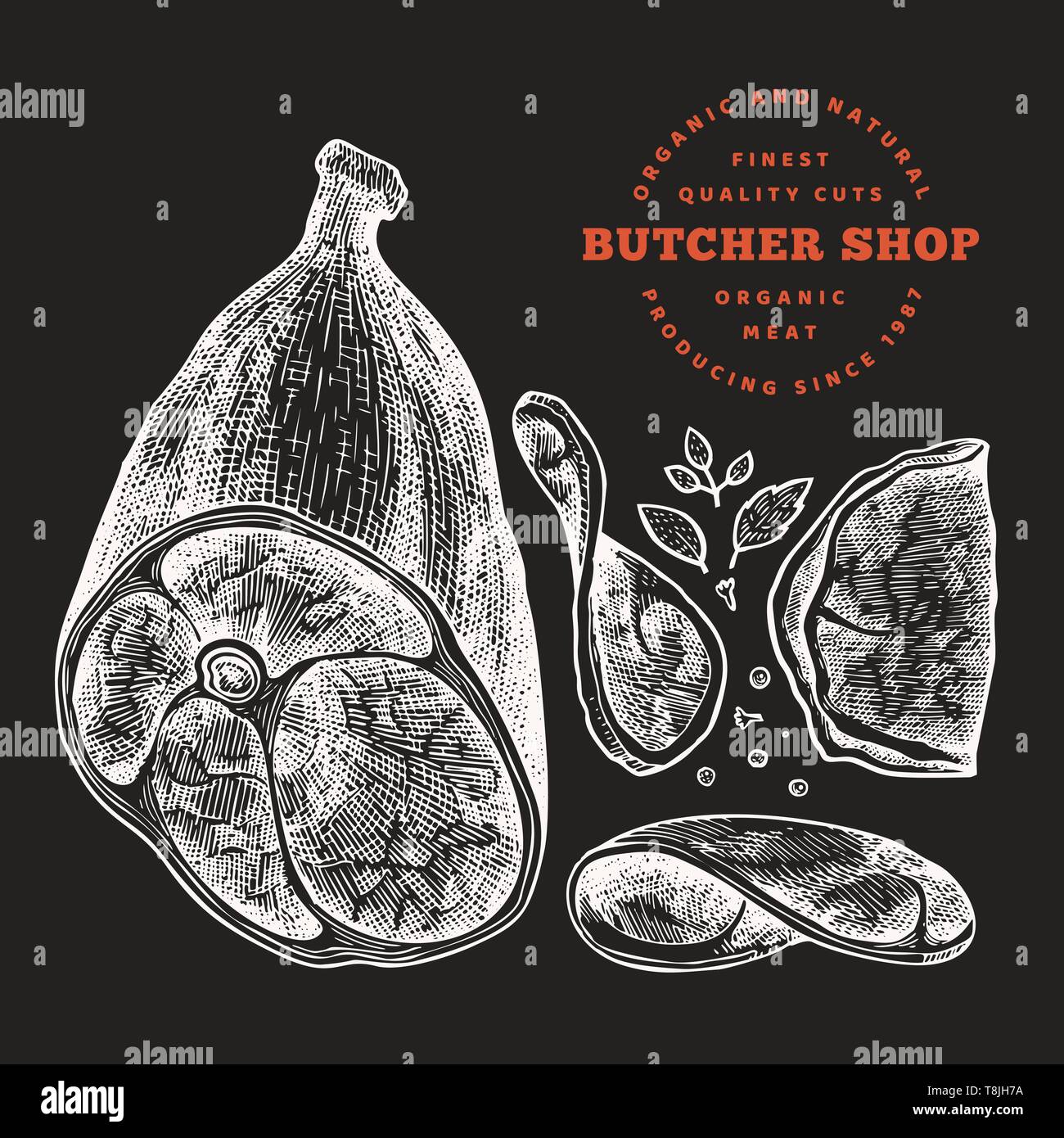 Retro vector meat illustration on chalk board. Hand drawn ham, ham ...