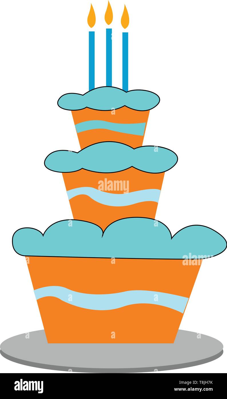 A blue big cake, three layered, with blue candle, with icing, vector ...