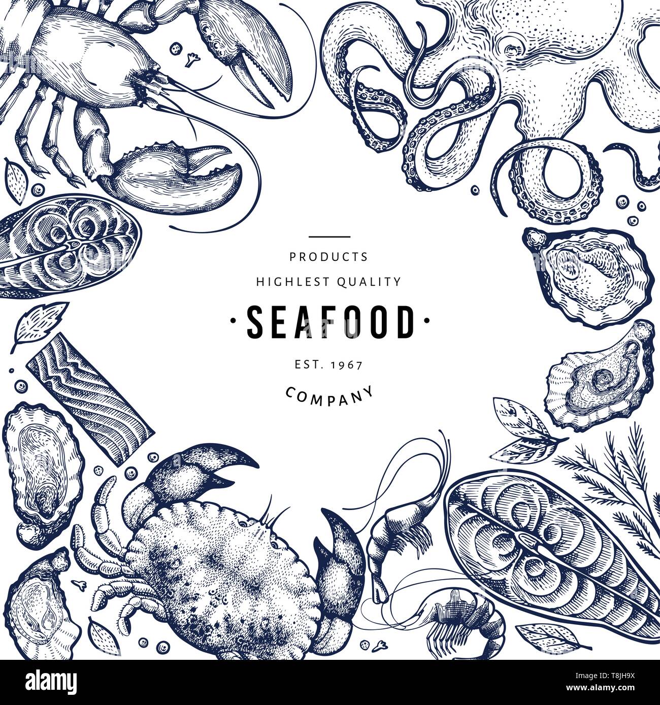 Seafood and fish design template. Hand drawn vector illustration. Can ...