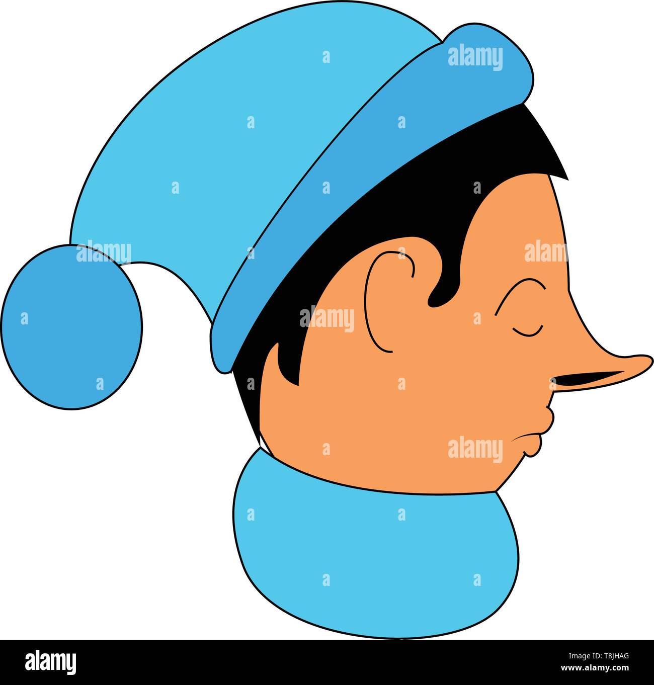 An elf in a blue hat and blue scarf, vector, color drawing or ...