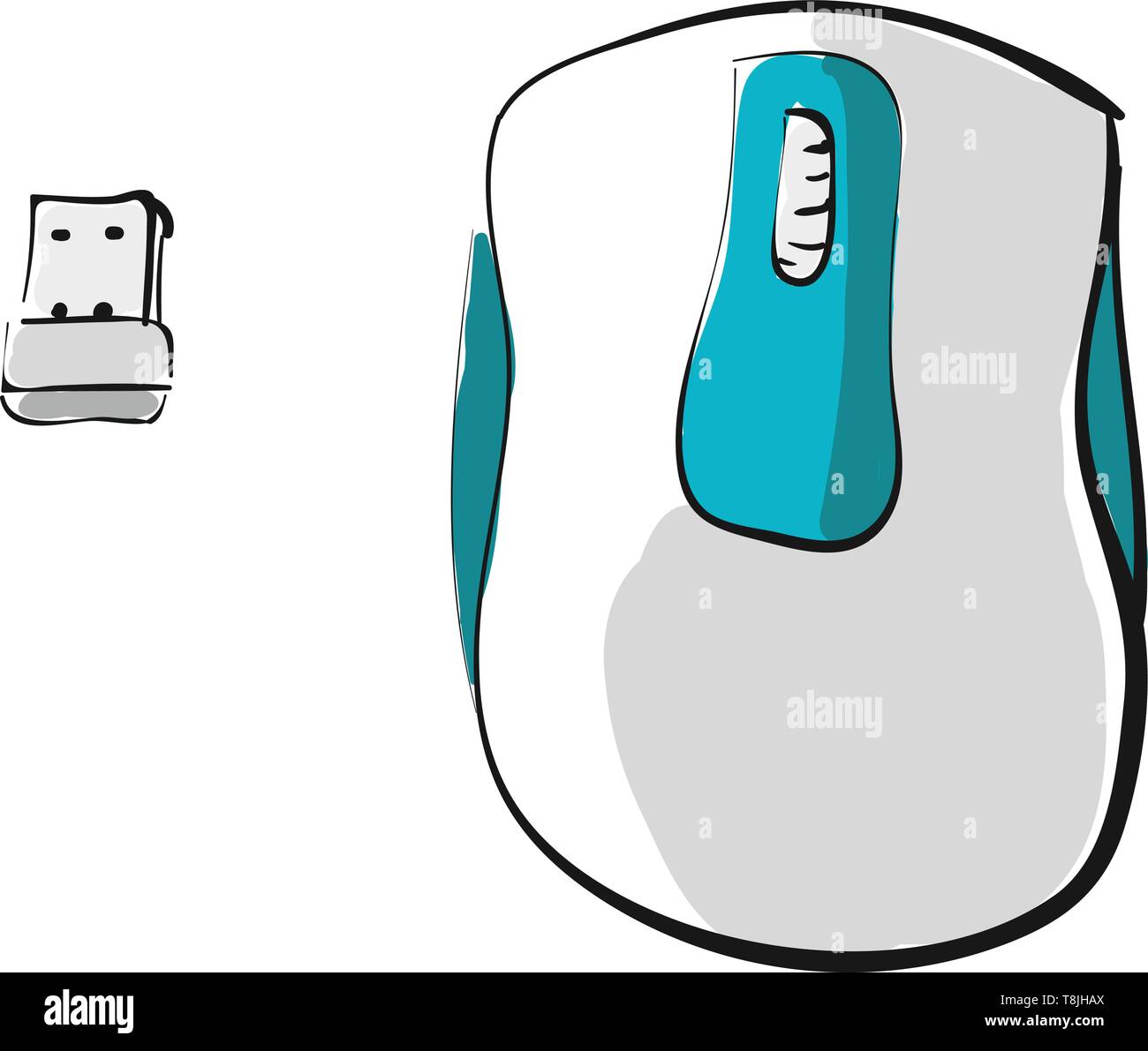 A white wireless mouse with blue accents and it's receiver, vector ...