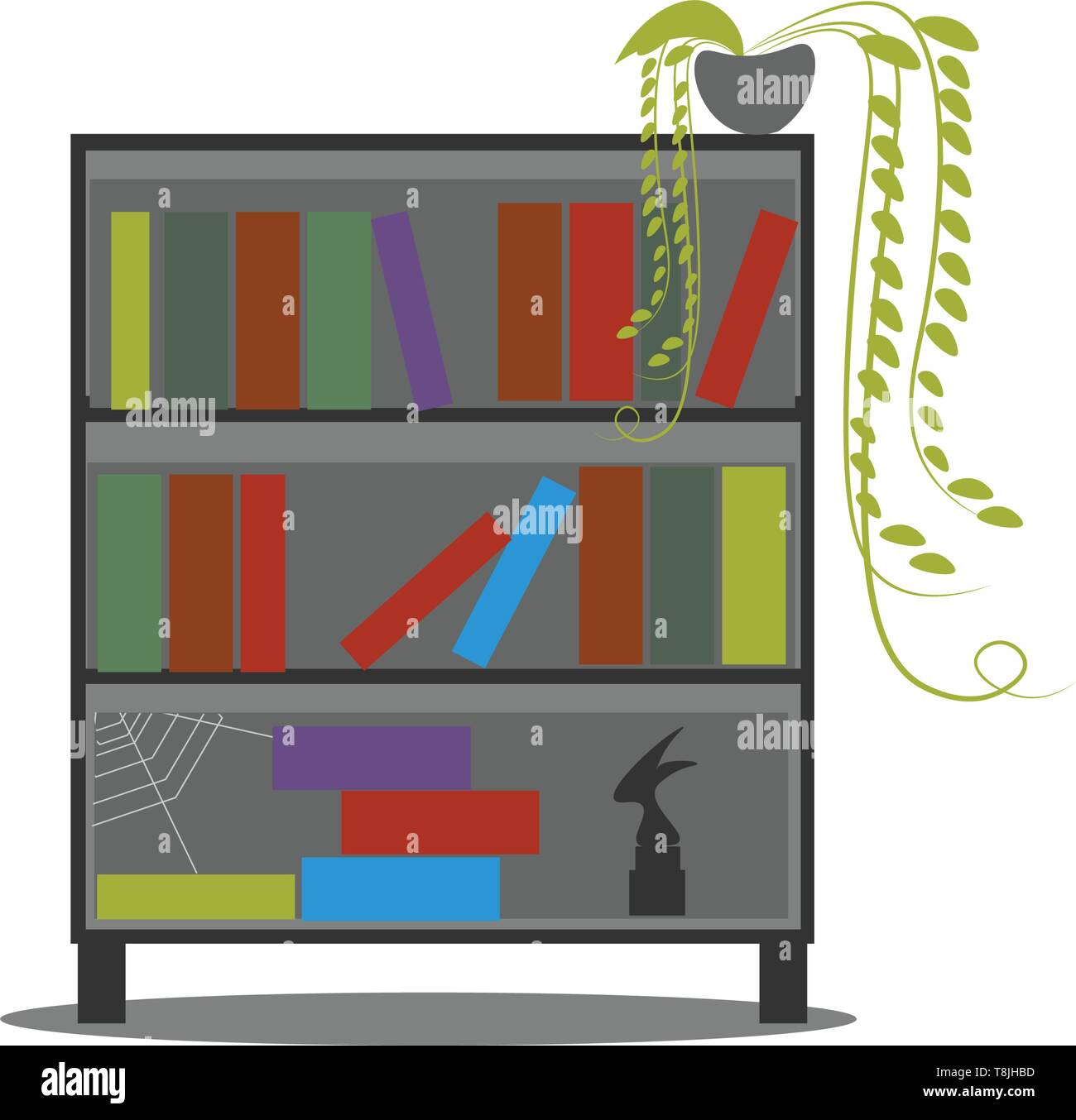 Old bookshelf with green plant on top of it, vector, color drawing or ...
