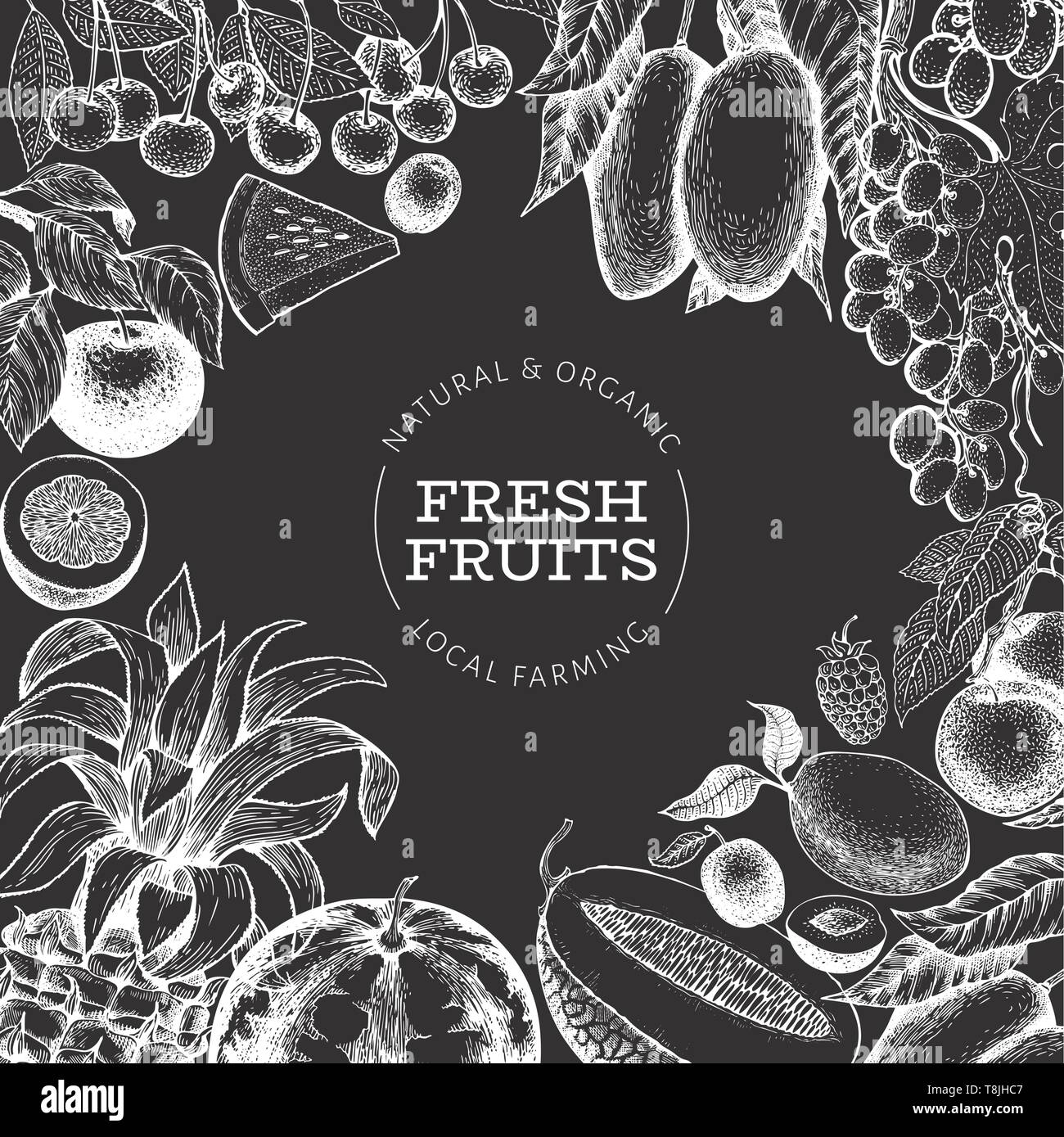 Fruits and berries design template. Hand drawn vector tropic fruits ...