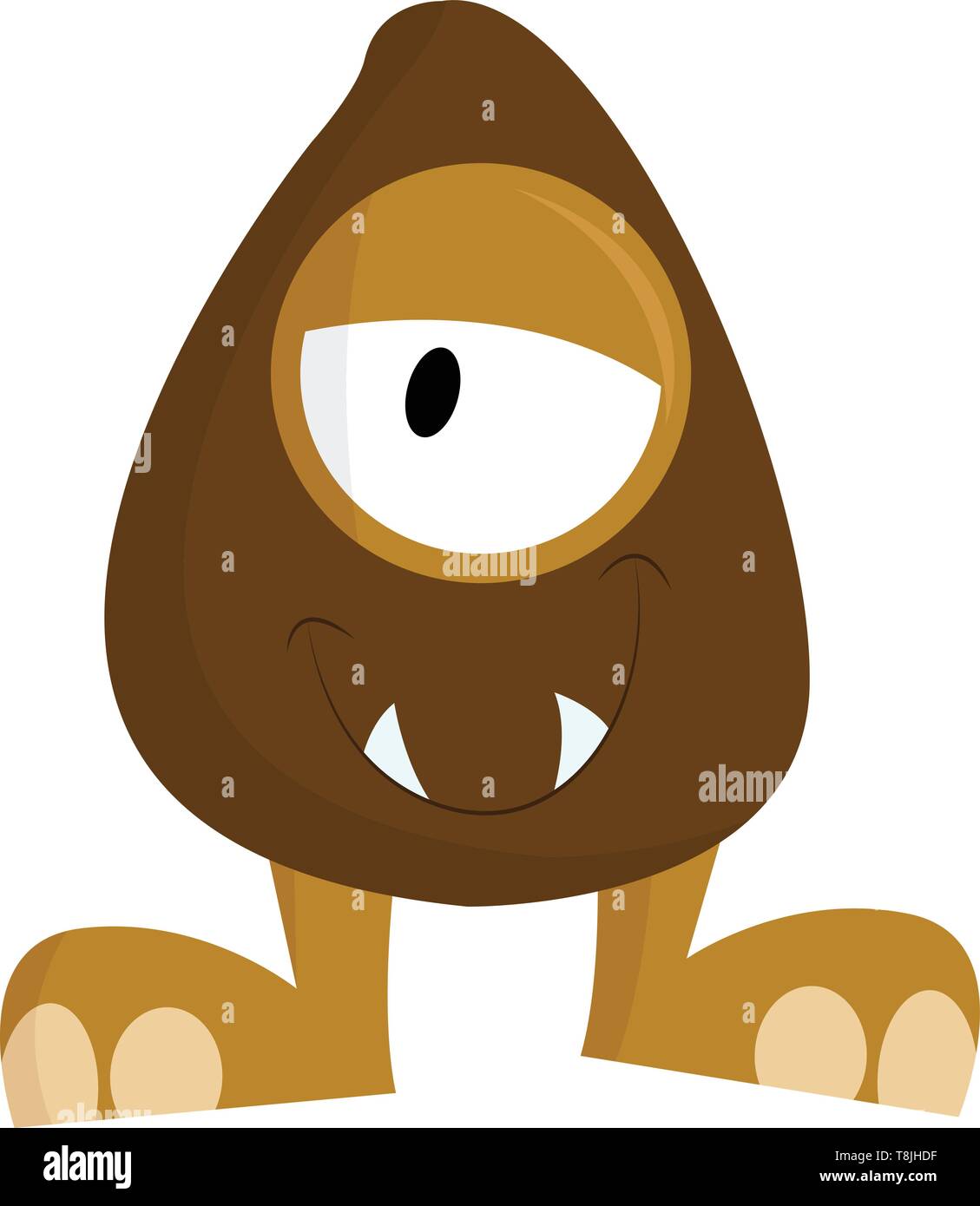 Brown smiling monster with one eye and two fangs, vector, color drawing ...