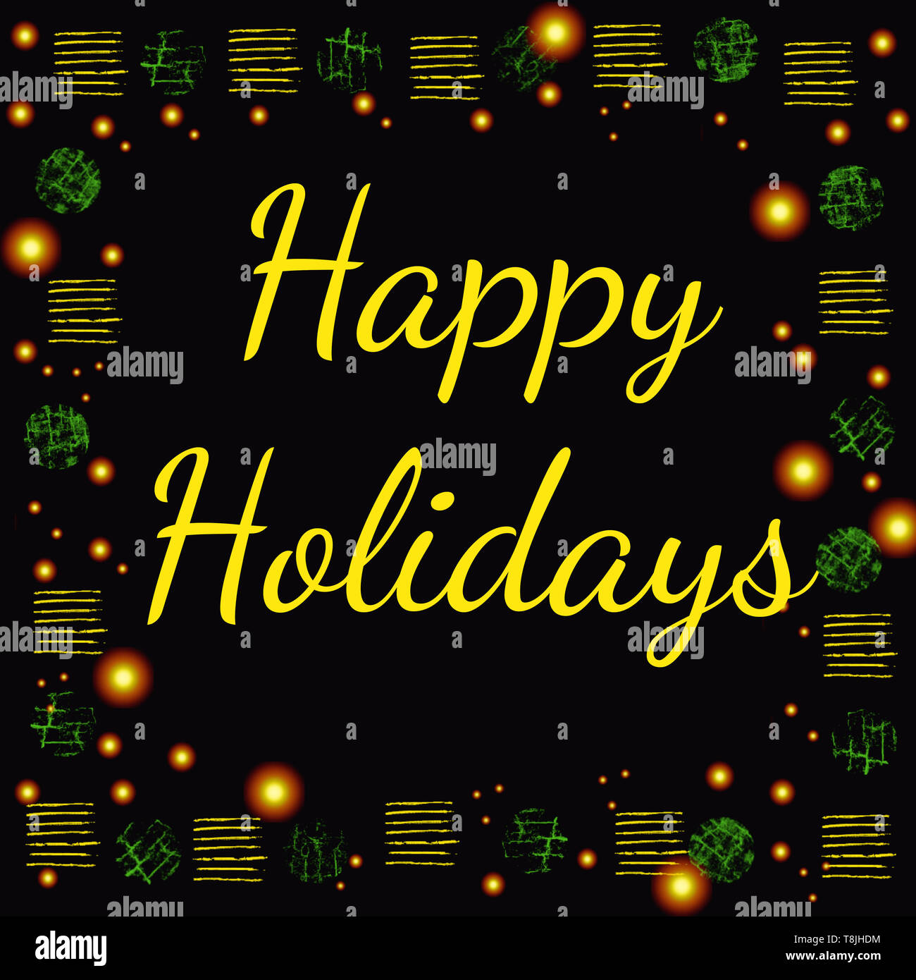 Happy holiday greeting card black background with green decoration and ...