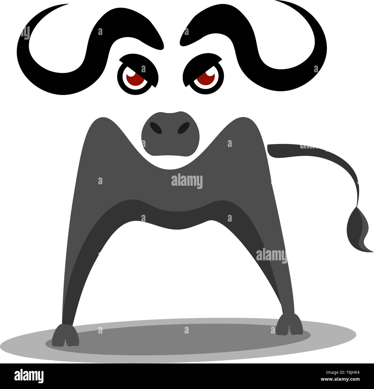 A drawing of a buffalo's face with black horns, red eyes, gray body and ...