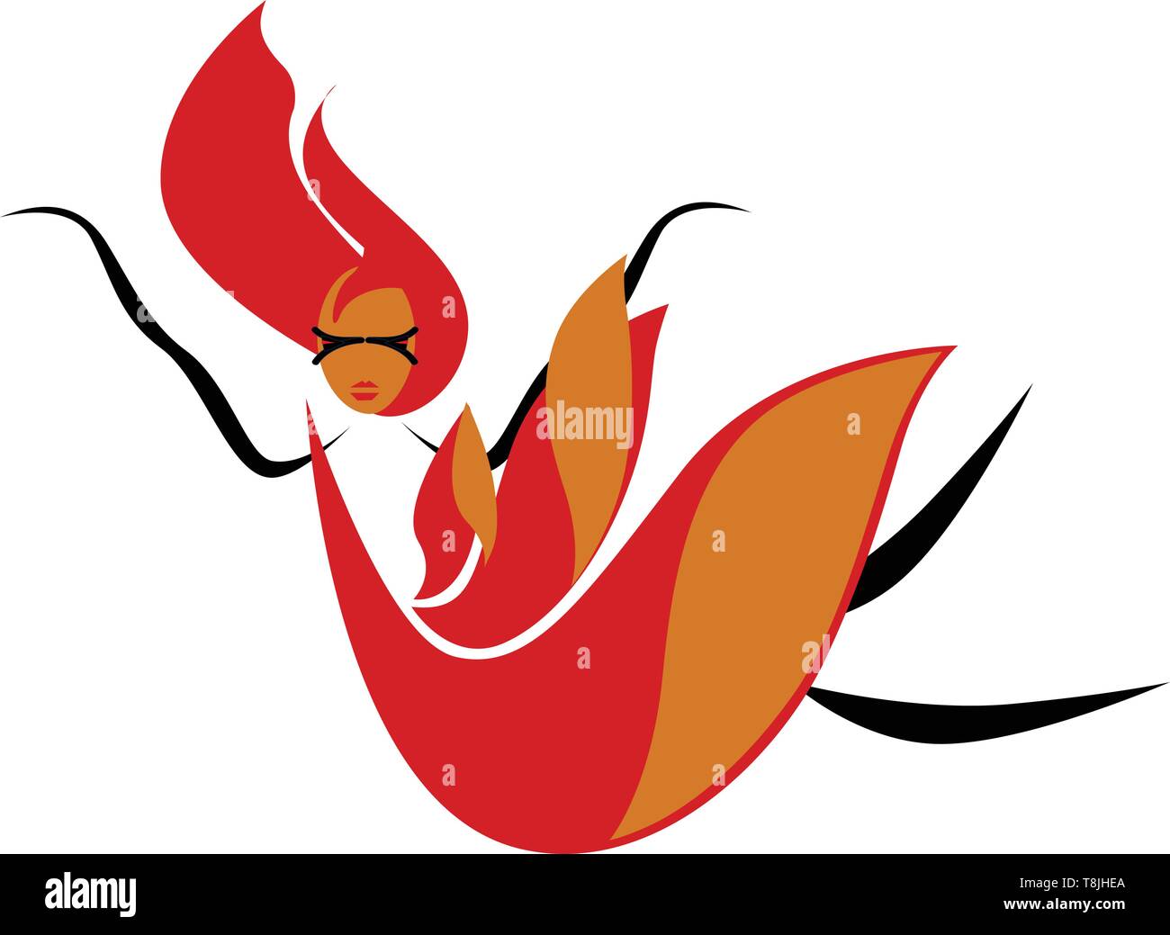 A drawing of a woman's body covered with a dress of fire, her hair ...