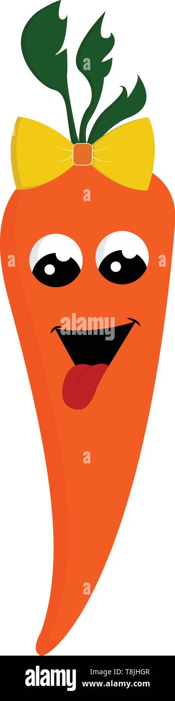 A happy carrot with a yellow bow and tongue out, vector, color drawing ...
