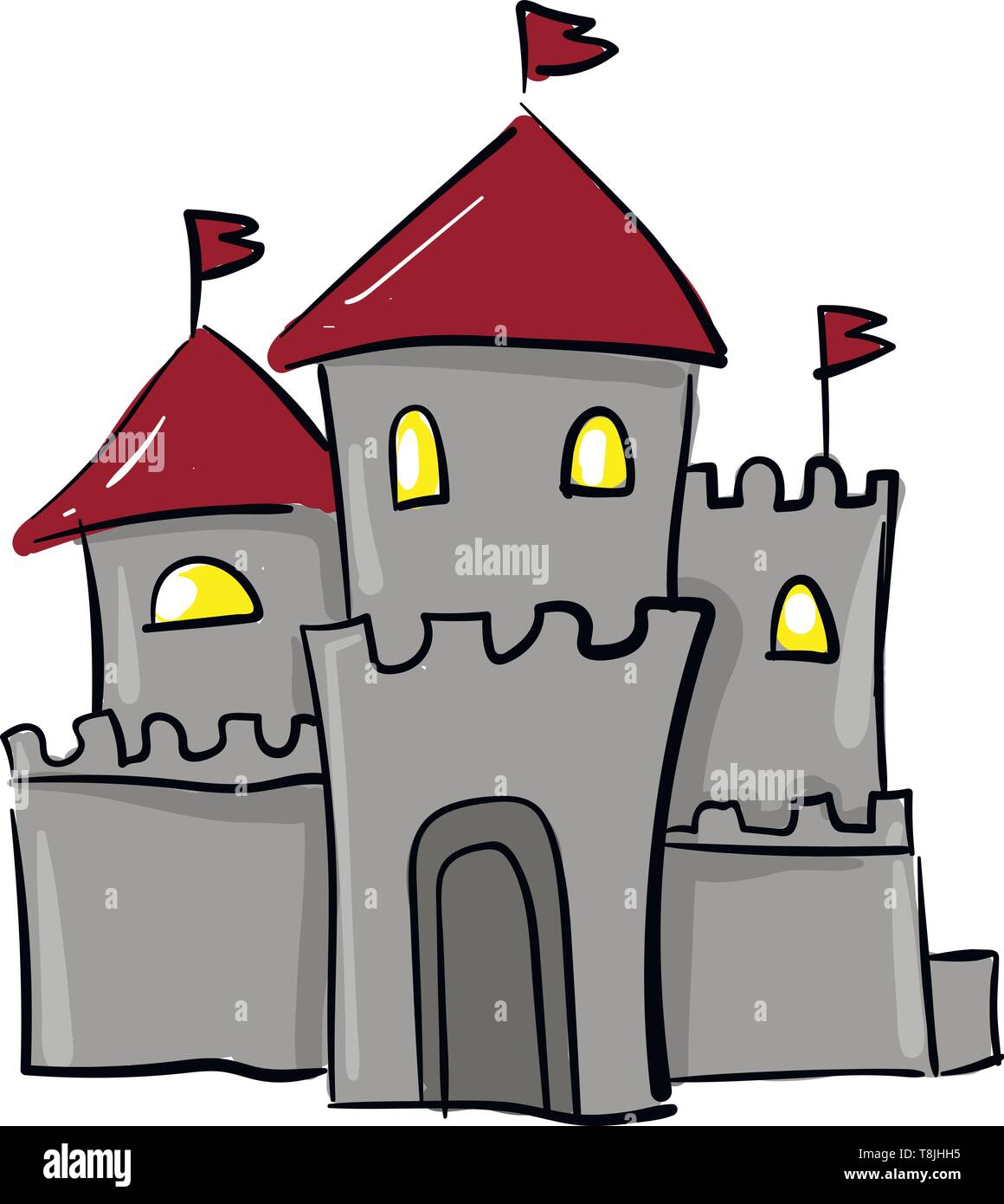Gray castle with three towers and four lit windows, vector, color ...