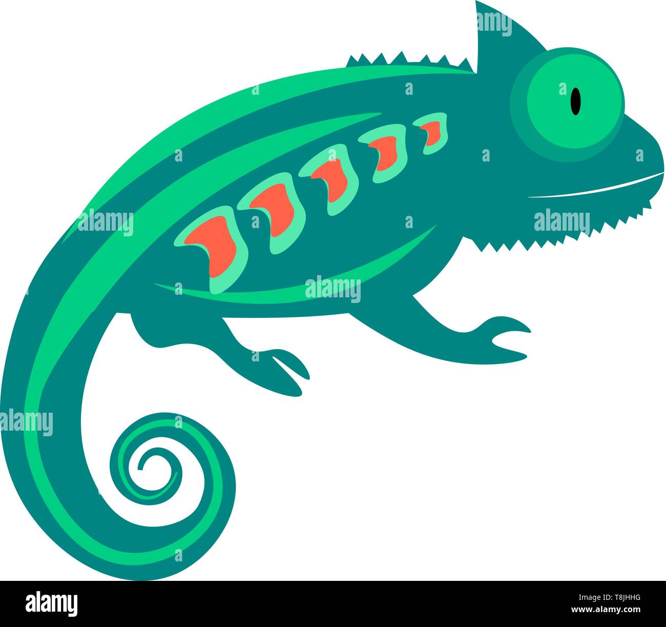 Cyan chameleon with big eyes and curled up tail, vector, color drawing ...