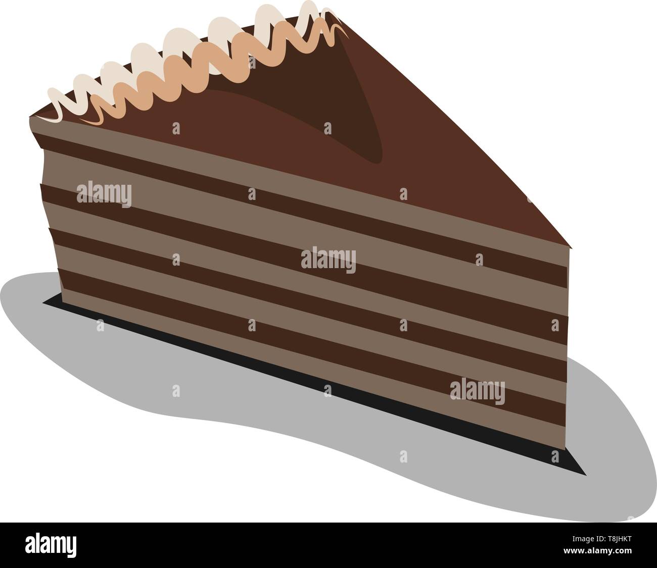 A slice of layered chocolate cake with icing on the top, vector, color ...