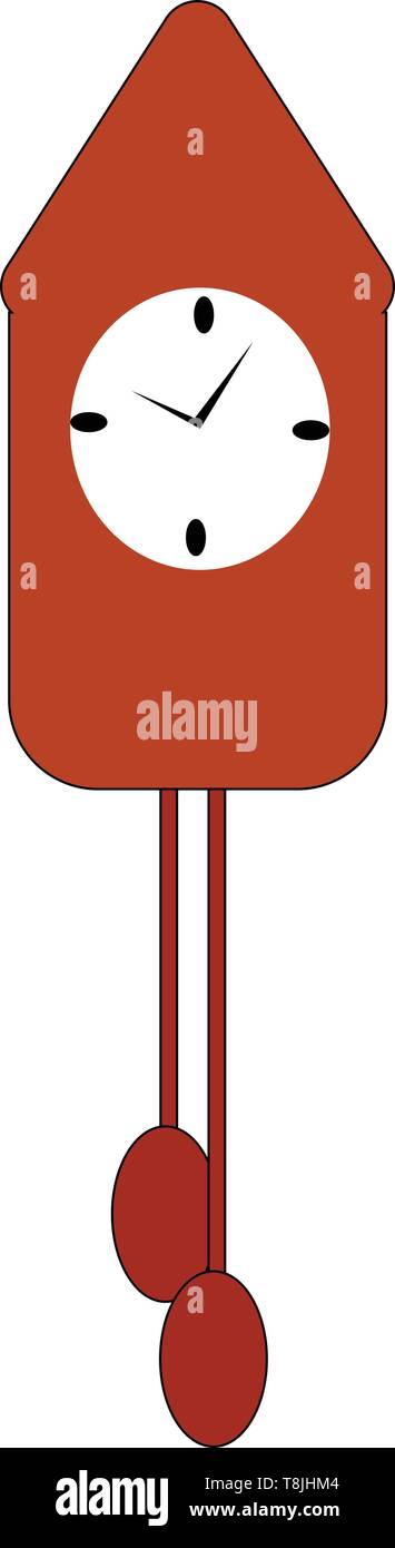 A red cuckoo clock with short and long hands, with a pendulum, vector ...
