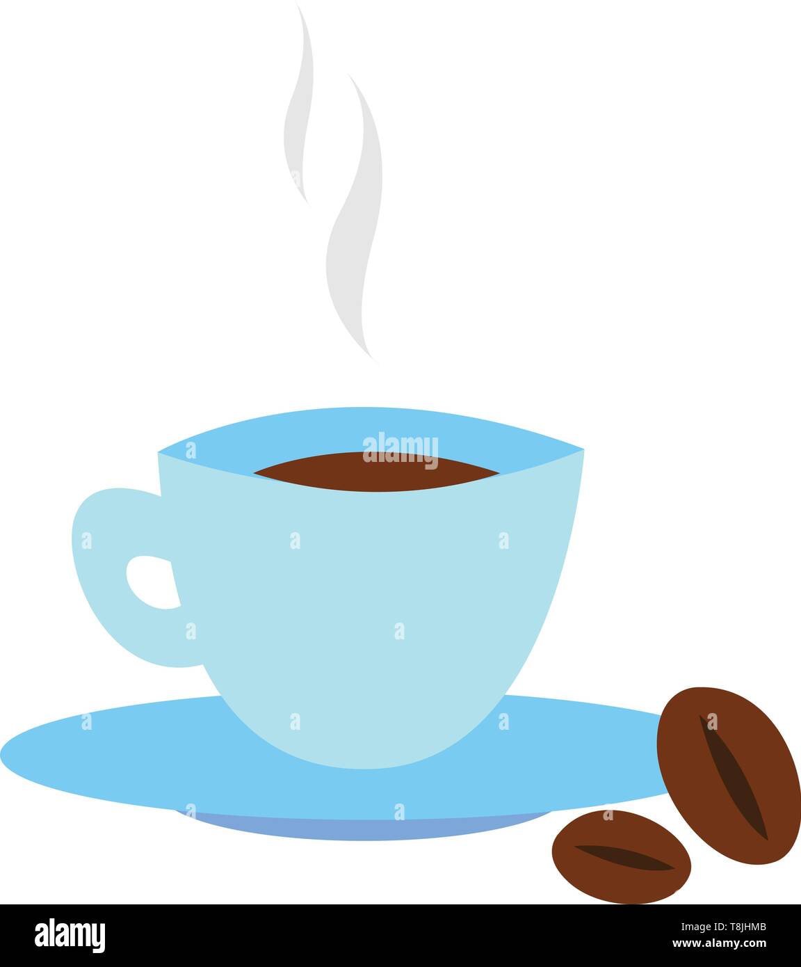 A blue cup of hot coffee with saucer, with two coffee beans, vector ...