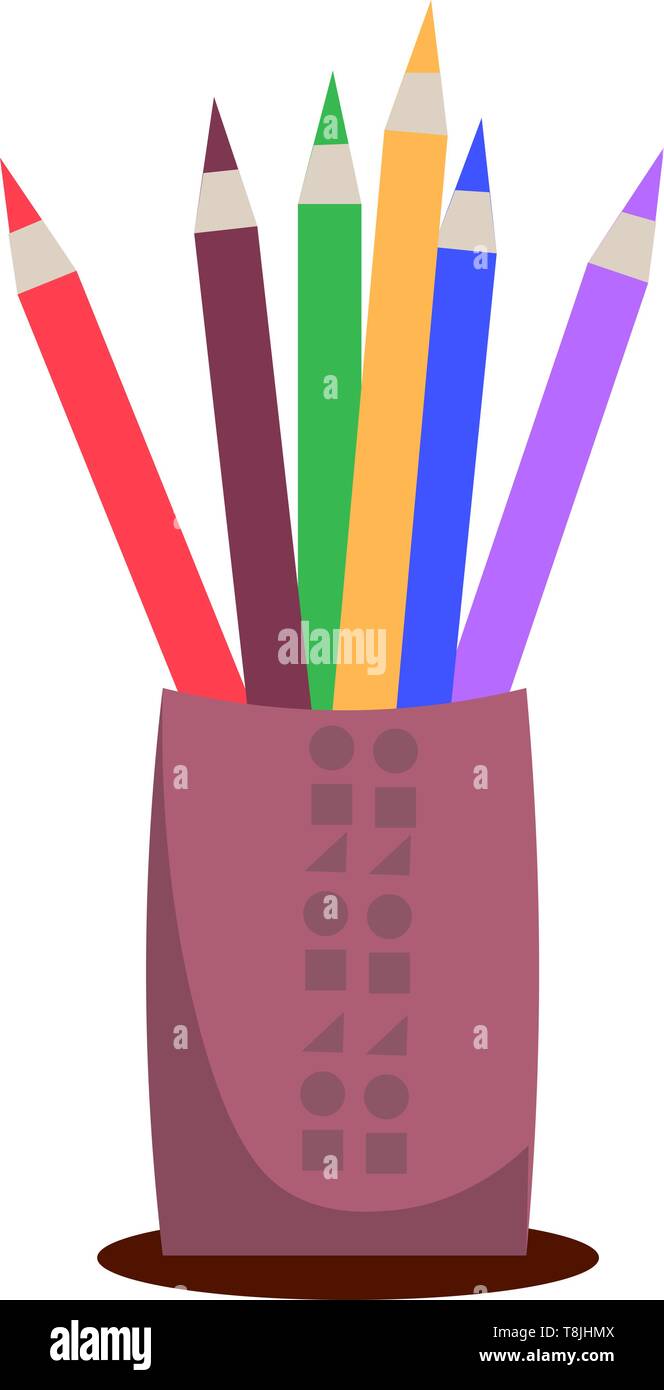 Colored pencils in a pink canister with design, vector, color drawing ...