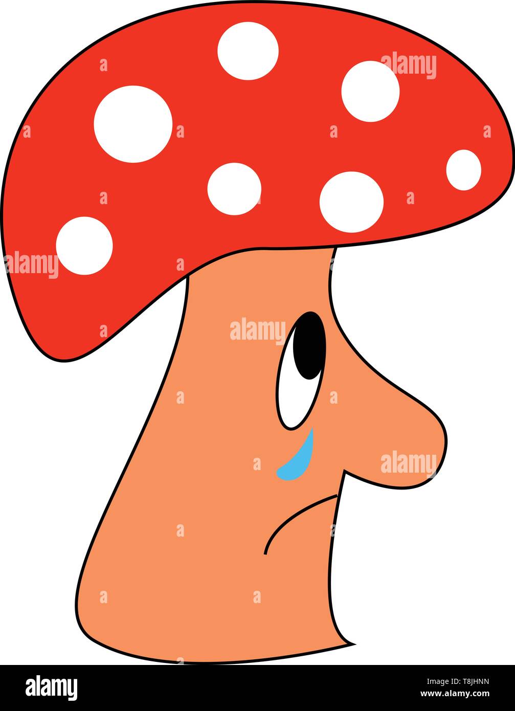 A crying fly agaric with polka dots head, vector, color drawing or ...
