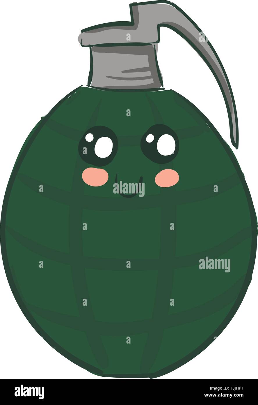 A green grenade with gray pin that has a face on it with black and ...