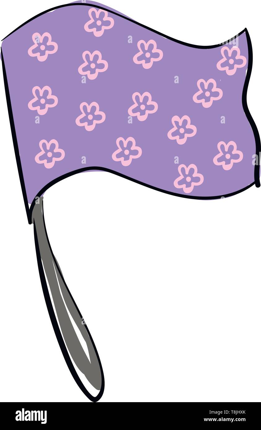 A waving purple floral flag on a gray pole, vector, color drawing or ...