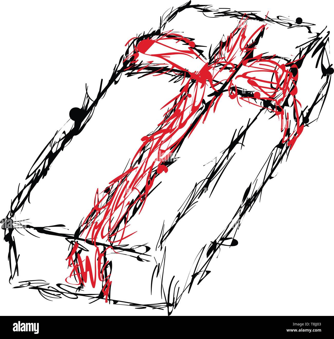 A rough sketch of a black gift box with a red ribbon, vector, color ...