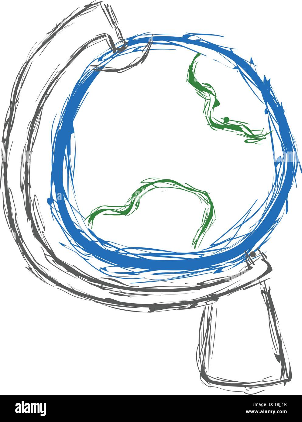 Spherical globe in blue and green color on a gray or silver stand rough ...